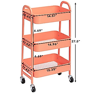 AGTEK Makeup Cart, Movable Rolling Organizer Cart, 3 Tier Metal Utility Cart with Lockable Wheels for Home & Office, Pink Orange