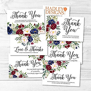 24 Navy Burgundy Floral Sympathy Thank You Cards With Envelopes, Bereavement Funeral Thank You Note, Condolence Gratitude Supplies, Personalized Religious Military Memorial With Message Stationery