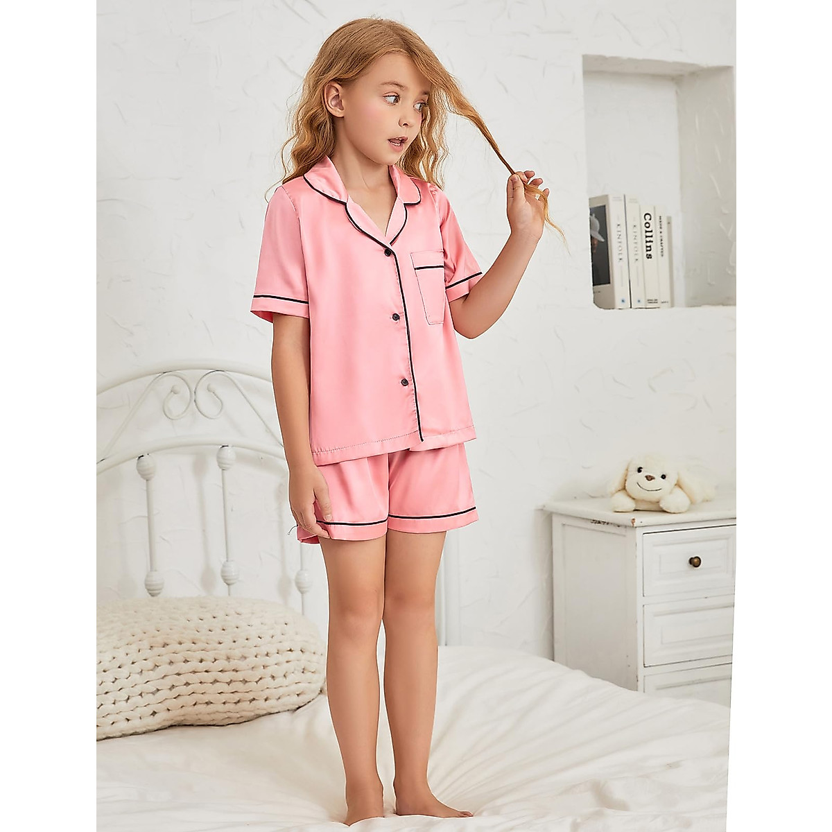 Jxstar Button Up Satin Pajamas for Girls Boys Silk Pjs Sets Kids Champagne Short Sleeve Sleepwear,4t 5t