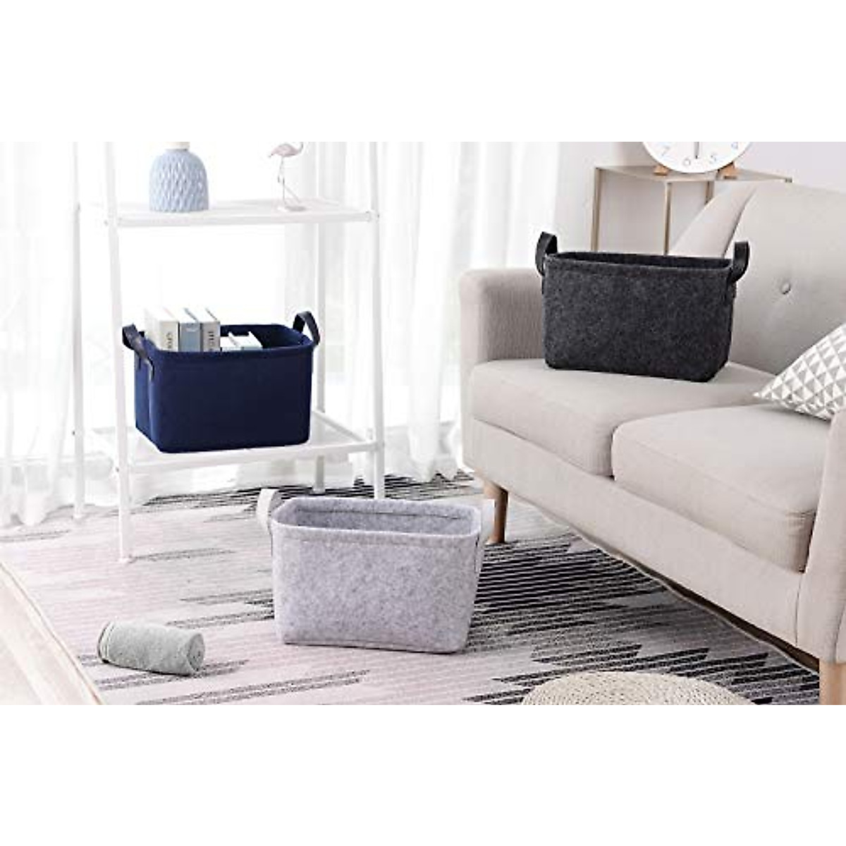 Rhyan Felt Storage Basket/Bin with PU Handles, Collapsible & Convenient Storage Solution for Office, Bedroom, Closet, Toys, Laundry(Light Gray)