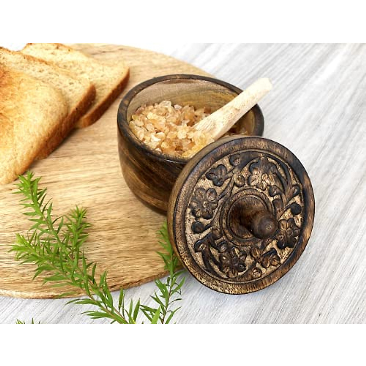 Rustic Salt Box Cellar with Hand Carved Lid & Spoon, Wooden Salt Pinch Bowls | Wood Salt Keeper, Spice Bowls for Cooking | Salt Pepper Tea Sugar Coffee Storage Holder for Kitchen, Mothers Day Gift