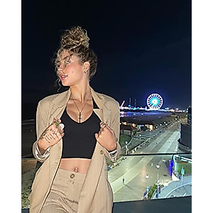 OQQ Women's 2 Piece Tank Top Ribbed Sleeveless Sexy Deep V Neck Removable Cups Yoga Crop, Black,beige, Medium