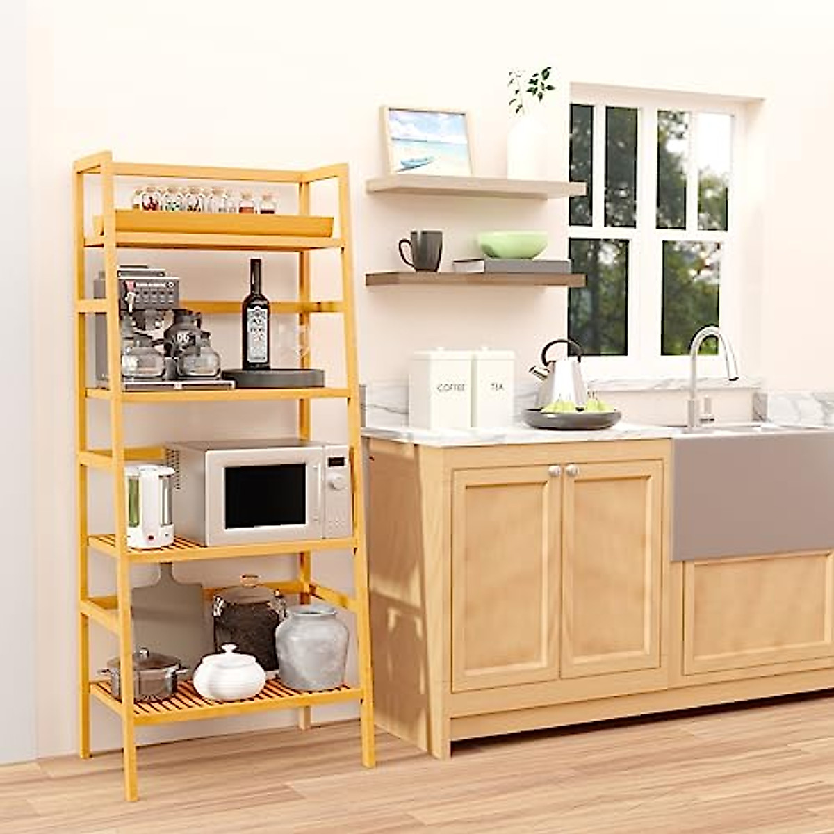 Bamboo Bookshelf - Narrow Ladder Shelf with Adjustable Height for Plants and Books - Ideal for Bathroom, Living Room, Bedroom and Kitchen