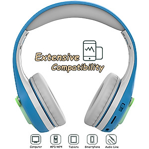 Riwbox FB-7S Frog Kids Headphones Bluetooth, LED Light Up Bluetooth Headphones Over Ear Volume Limited Safe 75/85/95dB with Mic and TF-Card, Children Headphones for School/PC (Blue&Grey)
