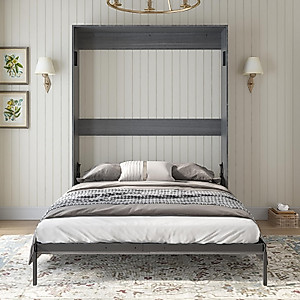 Mjkone Large Murphy Bed with 2 Side Cabinet, Folding Guest Wall Bed (Dark Grey