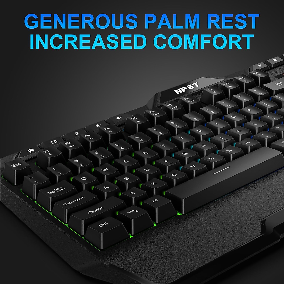 NPET K32 Wireless Gaming Keyboard RGB with Wrist Rest - Long-Lasting Rechargeable Battery - Quick and Quiet Typing - Water Resistant Backlit Wireless Keyboard for PC PS5 PS4 Xbox One Mac - Black