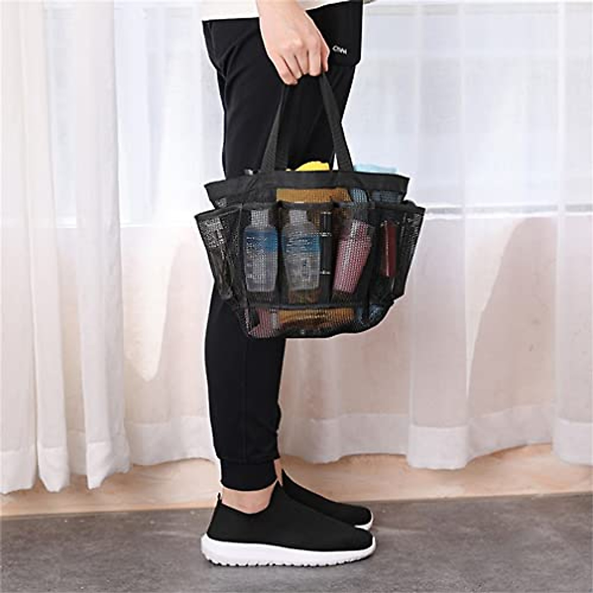 InfantLY Bright Portable Mesh Shower Caddy Quick Dry Women Tote Hanging Bath Toiletry Organizer Bag 7 Storage Pockets Double Handles, black, (ui-1)