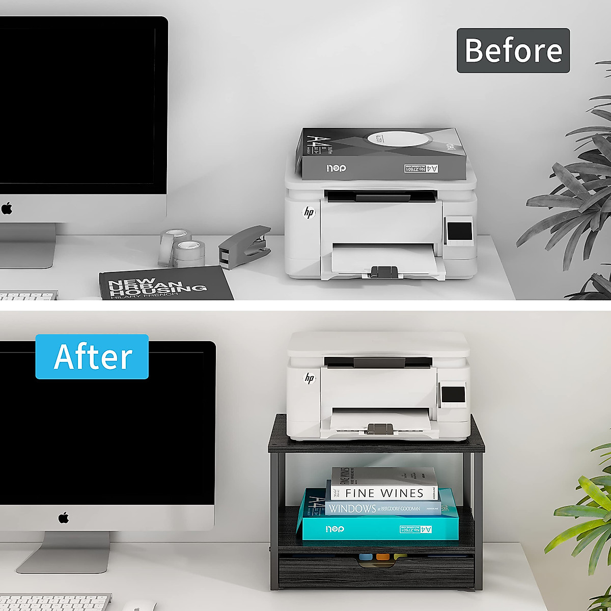 Simple Trending 2 Tier Desktop Printer Stand with Sliding Wood Storage Drawer, Multi-Purpose Desk Organizer for Fax Machine, Scanner, Files, Books, Black