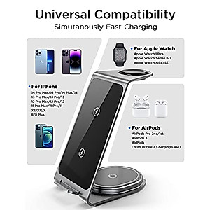 Wireless Charging Station for Apple, 15W iPhone Wireless Charger Fast Charging [Metal], Lemoworld 3 in 1 Charging Station [Qi Certified], for iPhone 14/13/12/11/Pro/Max/Apple Watch/Airpods Pro