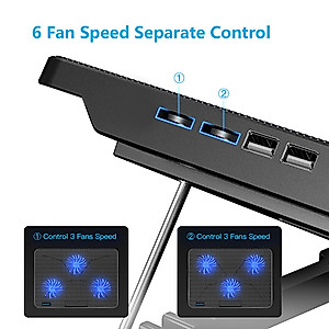 LIANGSTAR Laptop Cooling Pad, Laptop Cooler with 6 Quiet Fans for 12-17 Inch Notebook Gaming Fan Stable Stand, 7 Height & Wind Speed Adjustable, 2 USB Port & Phone Holder (Black)