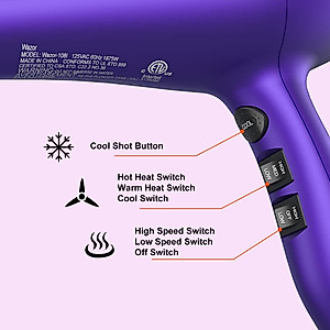 Wazor 3rd Generation Lightweight Low Noise Hair Dryer,(1875W Tourmaline Ceramic Negative Ionic Blow Dryer 2 Speed 3 Heat Settings Cool Shot with Diffuser Concentrator(Purple)