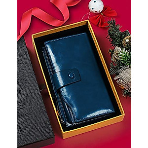 Demon&Hunter Women's RFID Blocking Large Capacity Luxury Wax Genuine Leather Purse Wallet Sapphire Blue DZA2083U