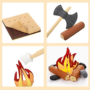 26 Pcs Pretend Camping Play Set Fake Campfire Felt Toys Wood Patten Throw Pillow Cushion Red LED Hurricane Lantern for Adults Kids Learning Preschool Boys Girls Gifts