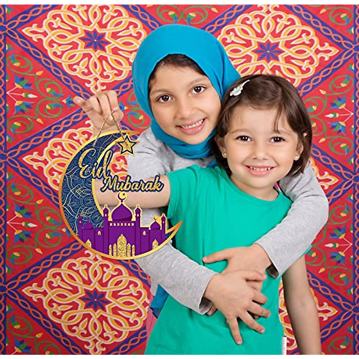 SIOCHOME Eid Ramadan Mubarak Door Decorations 11.5" Ramadan Mubarak Moon Handing Sign Eid Ramadan Decorations for Front Door Wall Window Decor Islamic Home Party Supplies