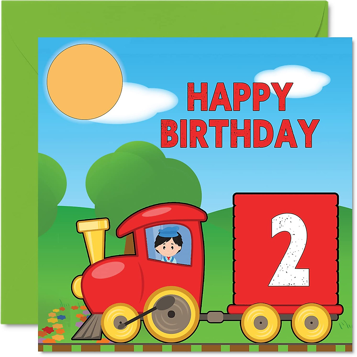2nd Birthday Card Unisex - Train - Happy Birthday Card for 2 Year Old Son Daughter Brother Sister Grandson Granddaughter Niece Nephew Cousin, 5.7 x 5.7 Inch Birthday Greeting Card