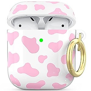 NIUTRENDZ Cute Cow Print Case for AirPods Case Cover IMD Design Hard TPU Shockproof [Front LED Visible] [Wireless Charging] Protective Skin Compatiable with AirPods 2&1 (Pink)