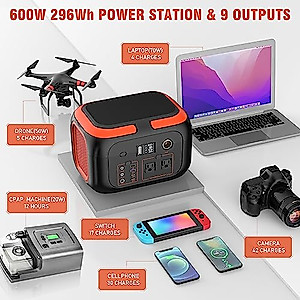 296Wh 600W Portable Power Station with 60W Solar Panel, Solar Generator Outdoor Backup Battery Supply with AC Outlet for Tent Camping, Home Emergency, Traveling, RV Trip