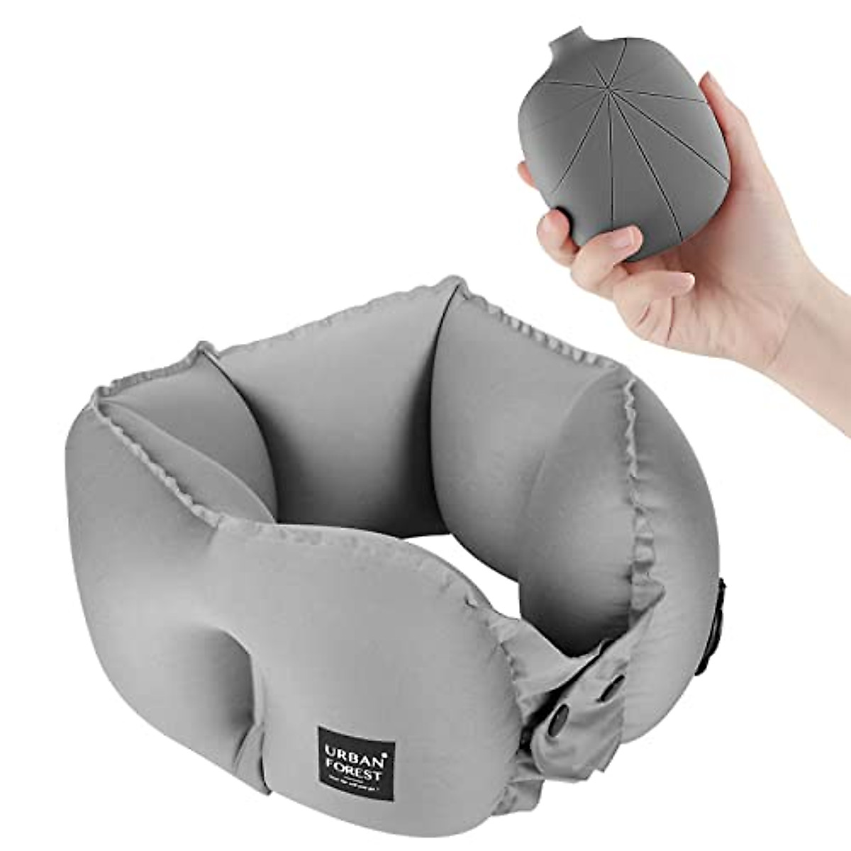 URBAN FOREST Inflatable Neck Pillow,Travel Pillow&Tree Storage Pocket, Fast Inflation&Quick Deflation,2-in-1 Design,Nap Pillow Portable for Airplane/Car/Home/Office (Grey)