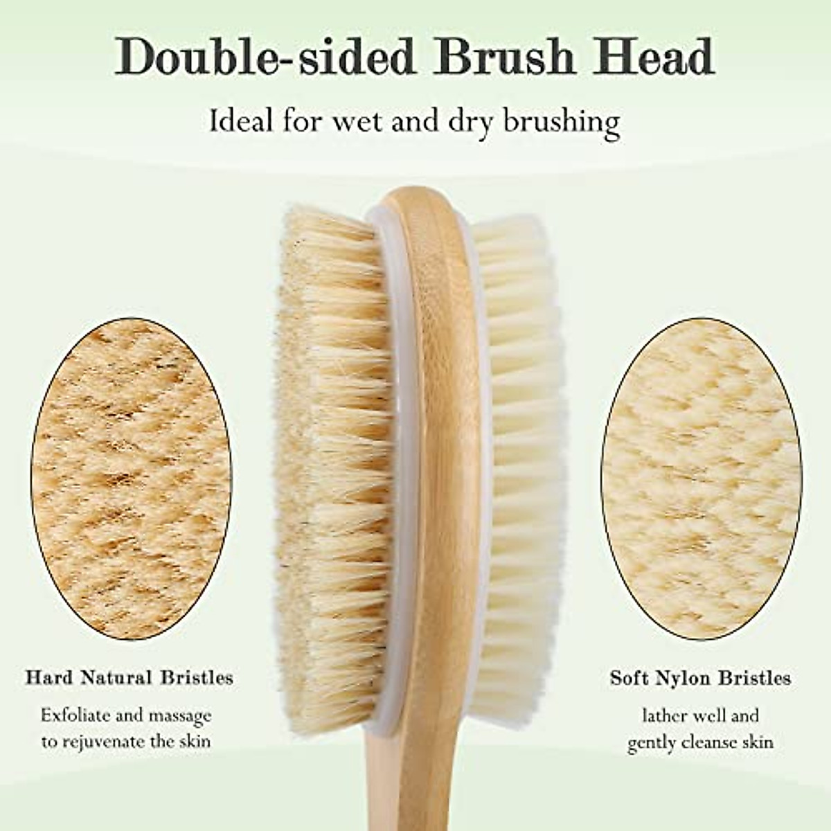 FREATECH Long Bamboo Handle Body Brush Back Scrubber - Dual-Sided Bath Shower Brush with Stiff and Soft Bristles for Wet or Dry Brushing, Exfoliating Skin, Cellulite Removal and Lymphatic Drainage