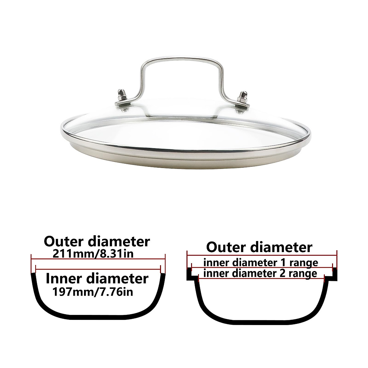 Antrader Tempered Glass Lid,8" Glass Covers for Pots,Pans and Skillets,1Set,Clear