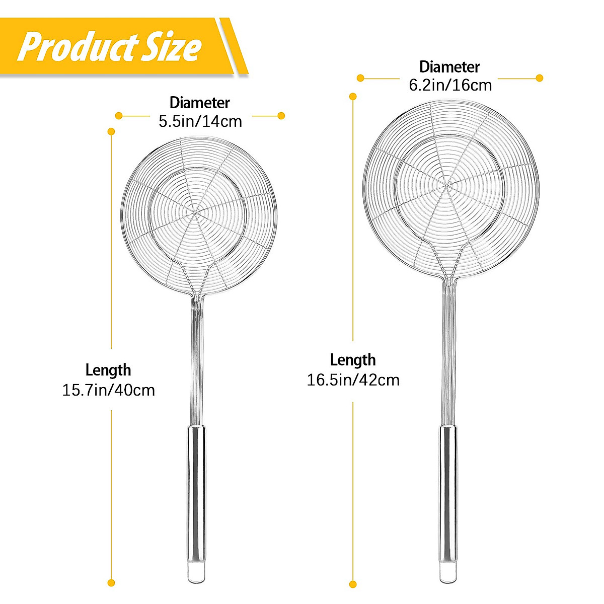 Pack of 2 Large Spider Strainer, Stainless Steel Skimmer Basket,Kitchen Ladle Strainers,Mesh Spoons with Long Handle, Cooking Tools for Frying, Boiling Noodles, Dumplings, Pasta
