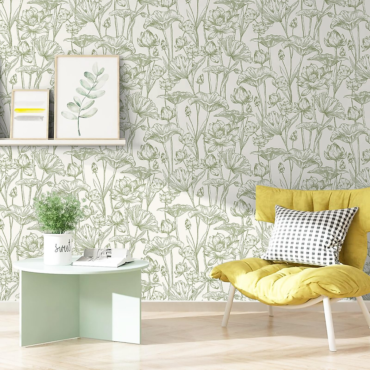 Vinjiasin Peel and Stick Wallpaper Green Floral Wallpaper Removable Wallpaper Self Adhesive Flower Leaf Contact Paper Lotus Wall Paper for Bedroom Bathroom Wallpaper Wall Covering 17.32"x 78.7"