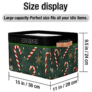 KFNHN Personalized Storage Bins, Customized Name Storage Basket Rectangle Clothes Organizer for Organizing Kids and Pets Toys Shelf Closet, Merry Christmas Green Candy Cane Snowflake