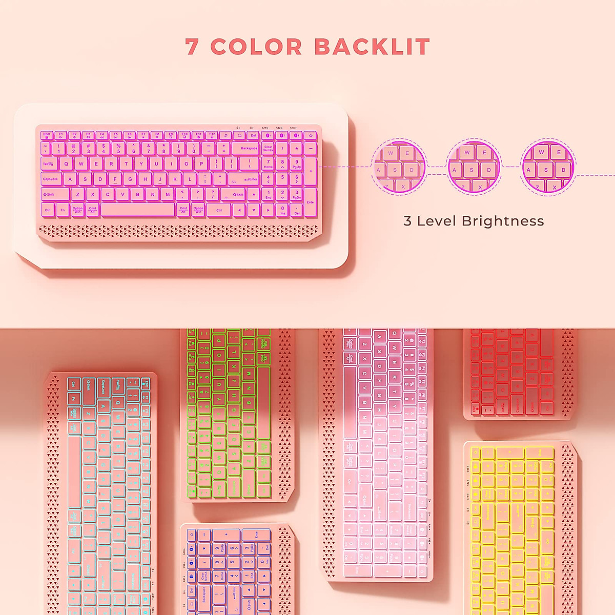 Backlit Bluetooth Keyboard for Mac/ Windows, Multi Device Ergonomic Wireless Rechargeable Mac Keyboard with 7-Colors Lights Compatible with Windows, Mac OS, Android, MacBook Air/Pro, Tablet-Pink