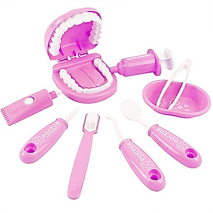 YOUYA DENTAL Dental Early Education Brushing Toys, 9Pcs/Set Children Role Play Toys Crocodile Early Education Cartoon Tooth Brushing Model Preschool Education Toy Dentist Game for Kids Classroom Pink