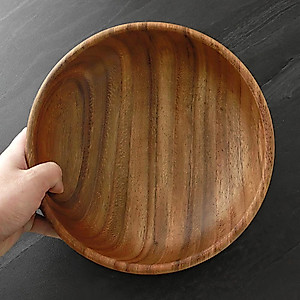 AOOSY Wooden Salad Bowls, Large Acacia Wood Salad Serving Bowl with Serving Tongs, 9.3" D x 2.8" H Round Bowls Set for Mixing Fruits Cereal Pasta