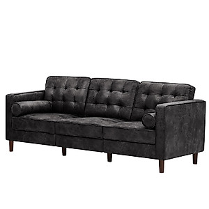 Lesofair 84" Faux Leather 3-seat Sofa with 2 Bolster Pillows, Tufted Couch with Wooden Legs, Morden Sofa Suitable for Living Room, Office, Black