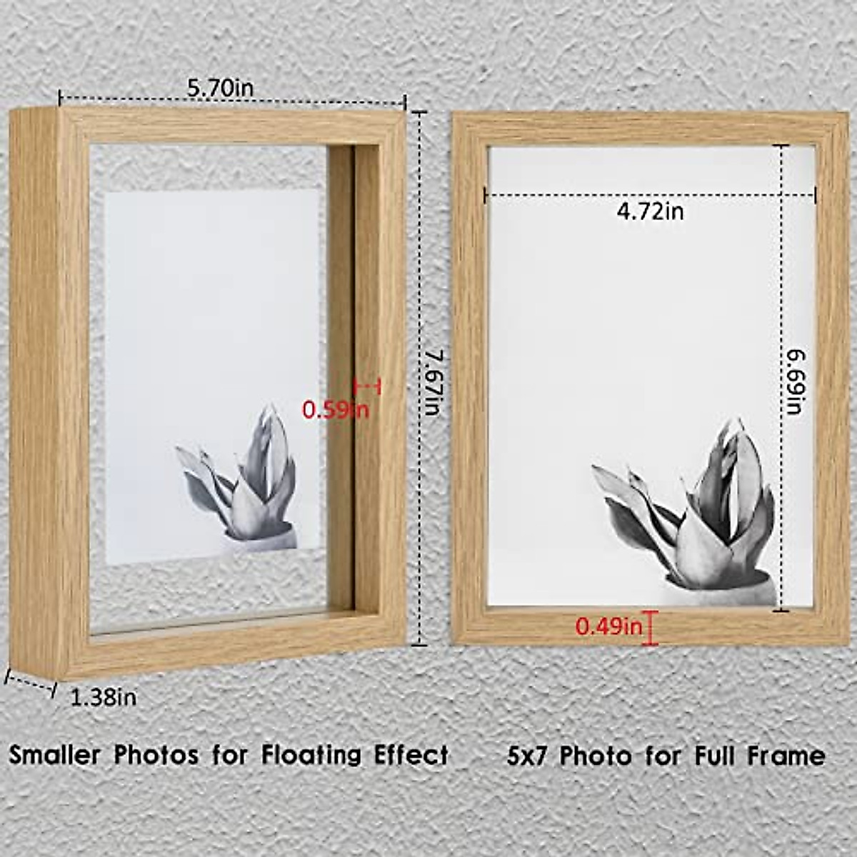 MUYE 5x7 Floating Frame Set of 2,Double Glass Rustic Photo Frame for Wall Hanging or Tabletop Standing,Also Display 4x6 or 3x5 Photo for Floating Effect,Natural
