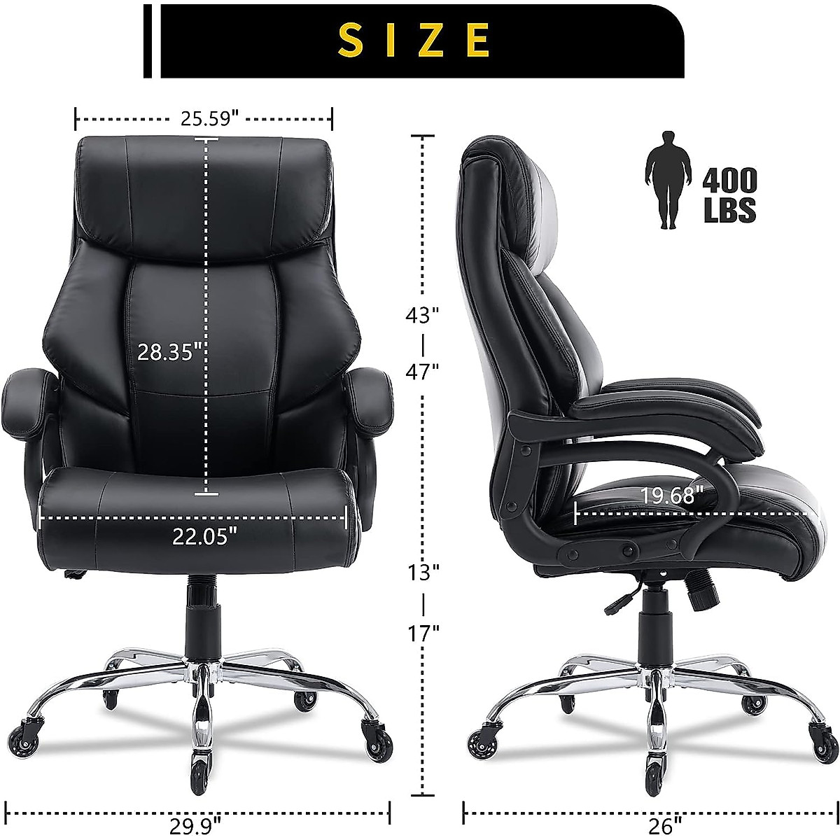 chizzysit Big and Tall Office Chair, Executive Office Chair for Heavy People, Massage Office Desk Chair 400lbs, Leather Office Chair with Heavy Duty Metal Base and Quiet Wheels