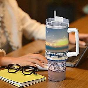 HULIBIN Serene Seaside Sunset Print Double Deck Stainless Steel Travel Coffee Cup With Lid 40 Oz Ice Bully Cup