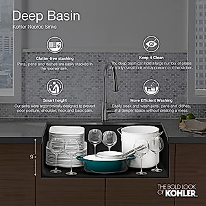 KOHLER Neoroc Undermount Double Bowl Kitchen Sink, Composite Sink with Smart Divide, 33" Double Offset Bowl with Sink Racks