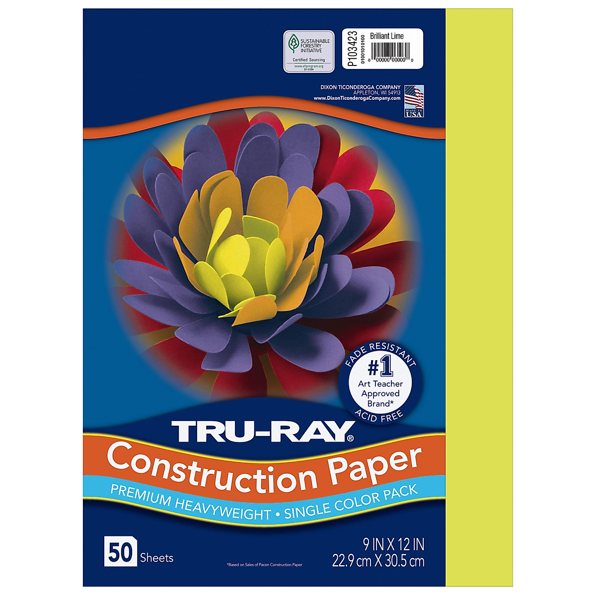 Tru-Ray® Construction Paper, 50% Recycled, 9" x 12" Brilliant Lime, Pack of 50