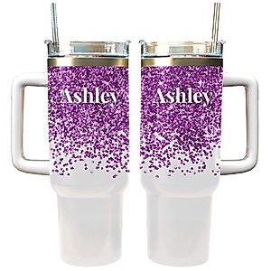 Personalized 40 oz Tumbler With Handle And Straw Lid Glitter - Dishwasher Safe Stainless Steel Insulated Travel Mug - Custom Name Tumbler Gift For Women Mom Friend Teacher Nurse Her Birthday Christmas