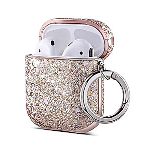 ULAK Glitter Case for AirPods 1 & 2, Stylish Design AirPods Case Cover for Women Girls, Luxury Bling Sparkle Leather Airpod case 2nd Generation Shockproof Protective Cover with Keychain, Rose Gold