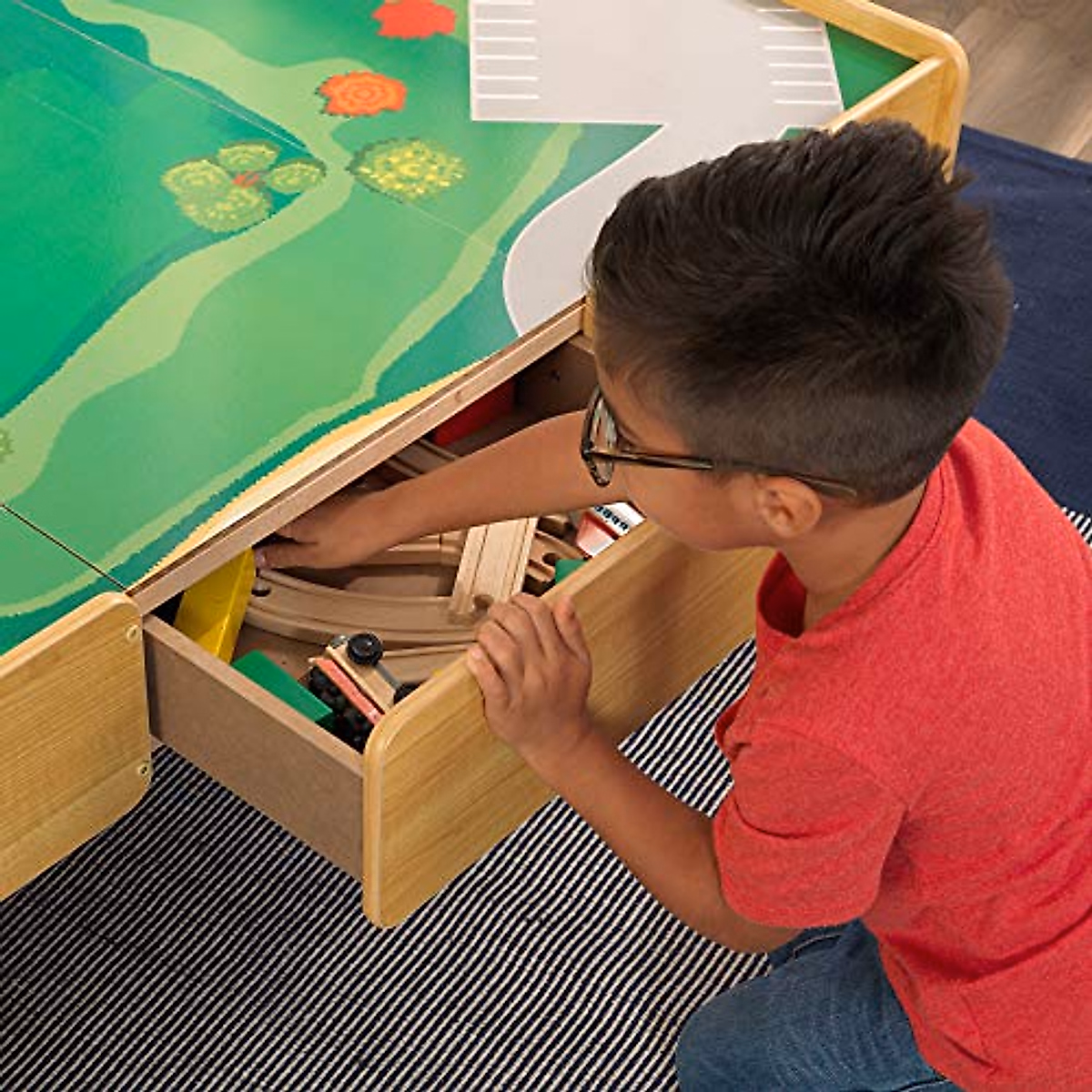 KidKraft Double-Sided Wooden Train and Activity Table with Built-In Storage Drawer, Natural ,Gift for Ages 3+