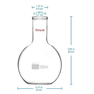 StonyLab Glass 1000ml Long Neck Flat Bottom Flask, Borosilicate Glass Heavy Wall Flat Bottom Boiling Flask with Long Neck, 1000ml (1 Liter)