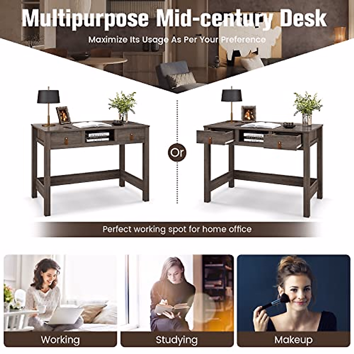 Tangkula Mid-Century Computer Desk with 2 Storage Drawers, Modern Home Office Desk with Storage Cubby, Study Writing Desk, Compact Laptop PC Desk Workstation, Wooden Vanity Desk for Bedroom (Grey)