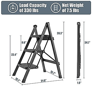 Ambikun Kitchen Step Ladder Black Thickened Manganese Steel 3 Foldable Step Stools for Adults and Children, Wide Step Stool-Up to 330 lbs Weight Capacity Great for Closet Access