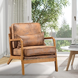 Hosnnile Accent Chair with Cushion, Mid-Century Modern Upholstered Single Reading Armchair with Hot-Stamping Cloth + Solid Wood Frame for Living Room, Bedroom, Lounge, Balcony (Brown)