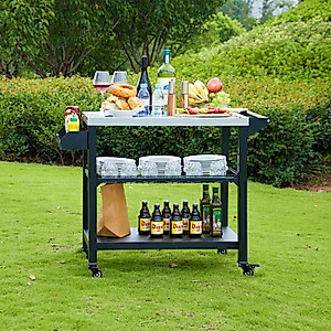 Polar Aurora Three-Shelf Movable Outdoor Grill Cart Pizza Oven Stand, Multifunctional Kitchen Food Prep Table with Drawer, Stainless Steel Desktop Dining Worktable on 4 Wheels & Seasoning Tray