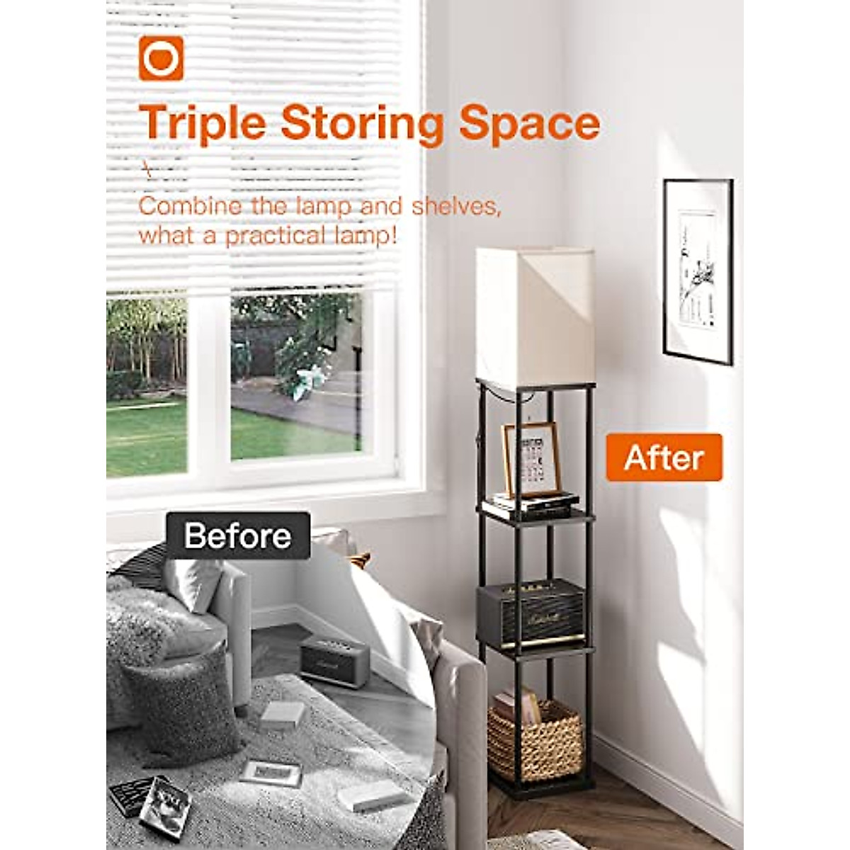 addlon LED Modern Shelf Floor Lamp with 3CCT LED Bulb and White Lamp Shade - Display Floor Lamps with Shelves for Living Room, Bedroom and Office - Black