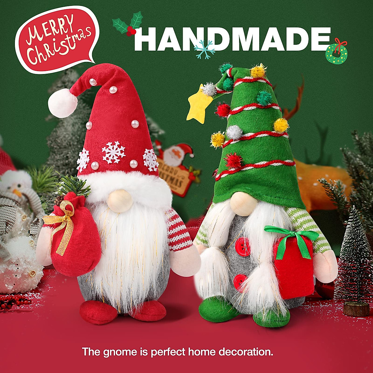 Ndeno 2PCS Christmas Gnome Plush Decorations, Red Handmade Scandinavian Tomte - Christmas Home Tabletop Elf Gnomes Decor Ornaments 01 01