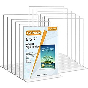 MaxGear Acrylic Sign Holder 5x7 inches 12 Pack, Table Paper Display Stand Clear Sign Frame Double Sided Menu Flyer Holder for Office, Restaurants, Store, Photo