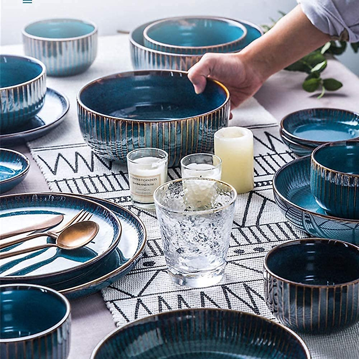 GagalU Dinner SetsFine Dinnerware Set,Dinnerware Set,Blue Porcelain Dinnerware Sets, Ceramic Plates and Bowls Dinner Sets, Modern Reactive Glaze Stoneware Dishes Set for Kitchen/Dining,28 piec