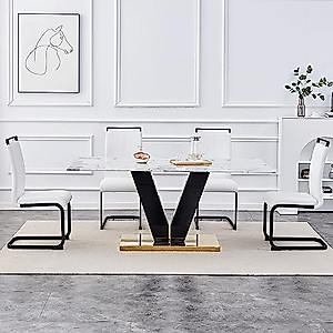 gopop 71'' Marble Dining Table,Modern Dining Room Table with Golden Stainless Steel Base.Marble Kitchen Table for 8 People, Ideal for Living Room Home Office