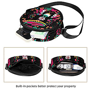 Skull Women Crossbody Bag for Women Teen Girls Round Canvas Shoulder Bag Purse Tote Handbag Bag